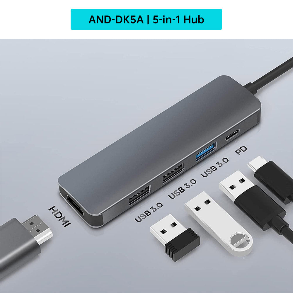 AND-DK5A | 5-in-1 Hub | HDMI (4K) + 3 USB (3.0) + TYPE-C (PD) – ARMOR-X